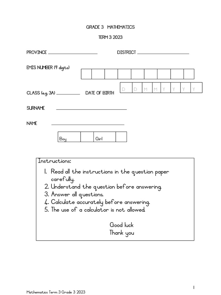 Mathematics Assessment Term 3 Grade 3 2023 | PDF