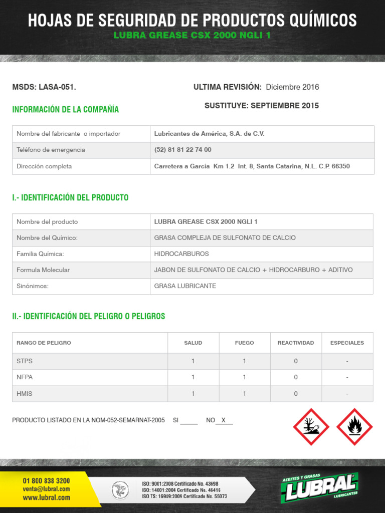 Hoja de Seguridad Lubra Grease CSX 2000 | PDF | Agua | Toxicidad