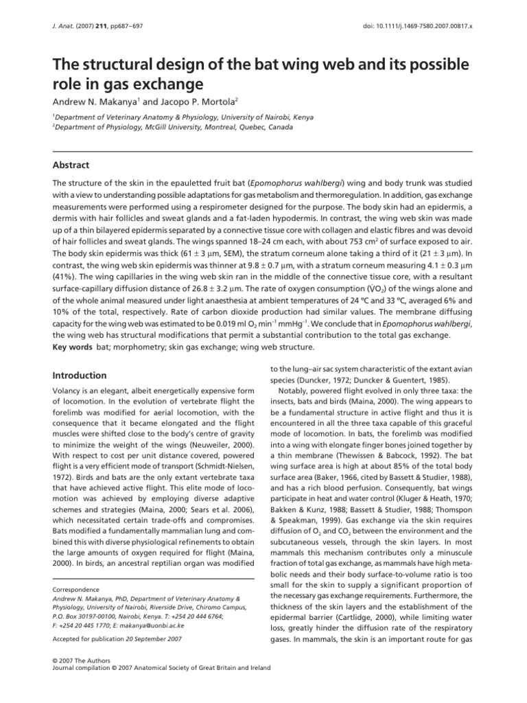 The Structural Design of The Bat Wing Web and Its Possible Role in Gas ...