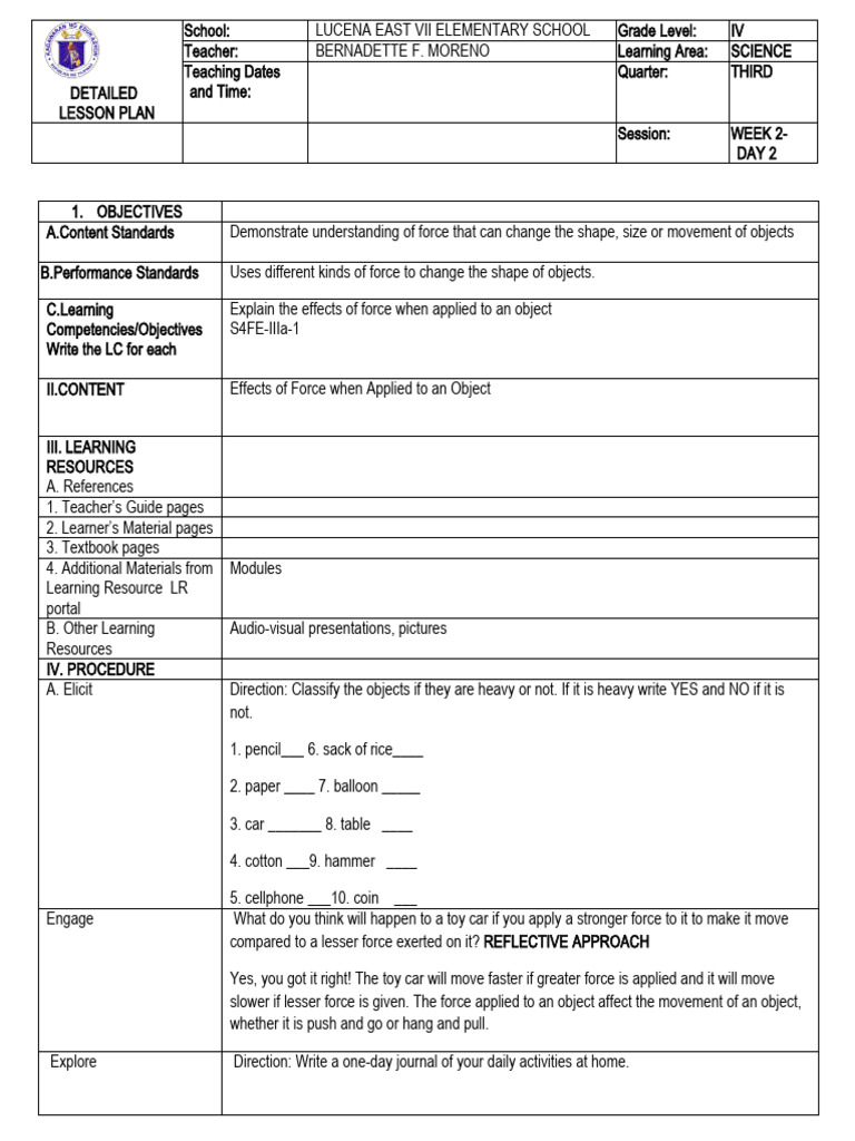 Grade IV Science Lesson on Force Effects | PDF