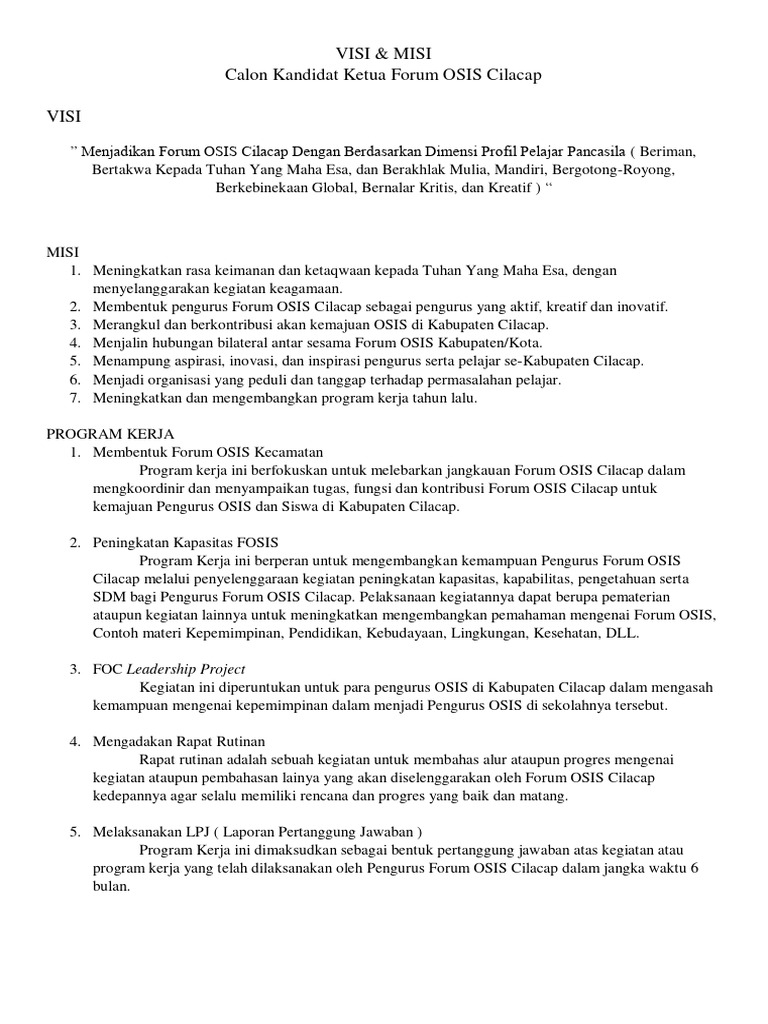 Contoh Visi Misi Ketua Forum OSIS | PDF | Karier & Perkembangan