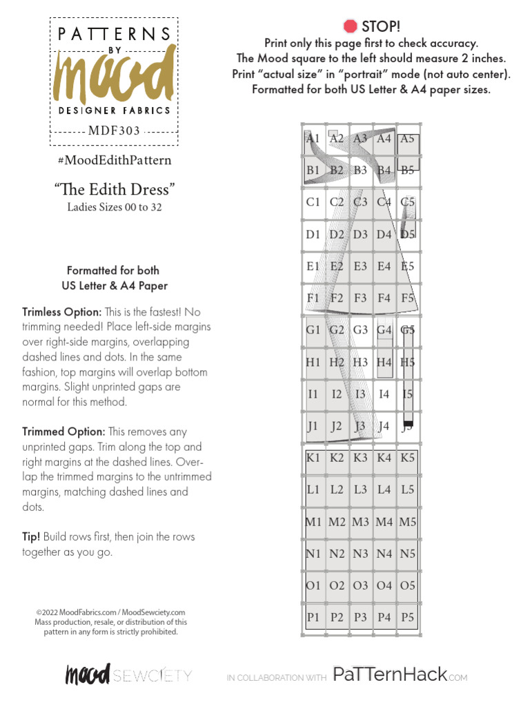 "Te Edith Dress Pattern Sizes 00-32" | PDF