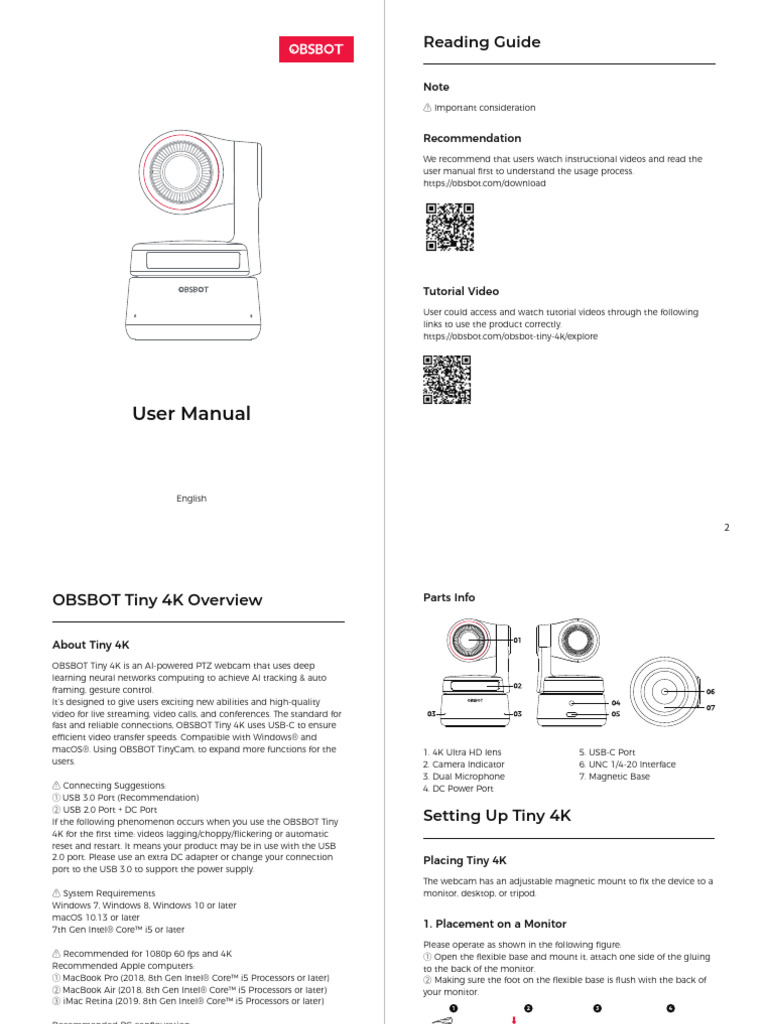 OBSBOT Tiny 4K User Manual - EN | PDF