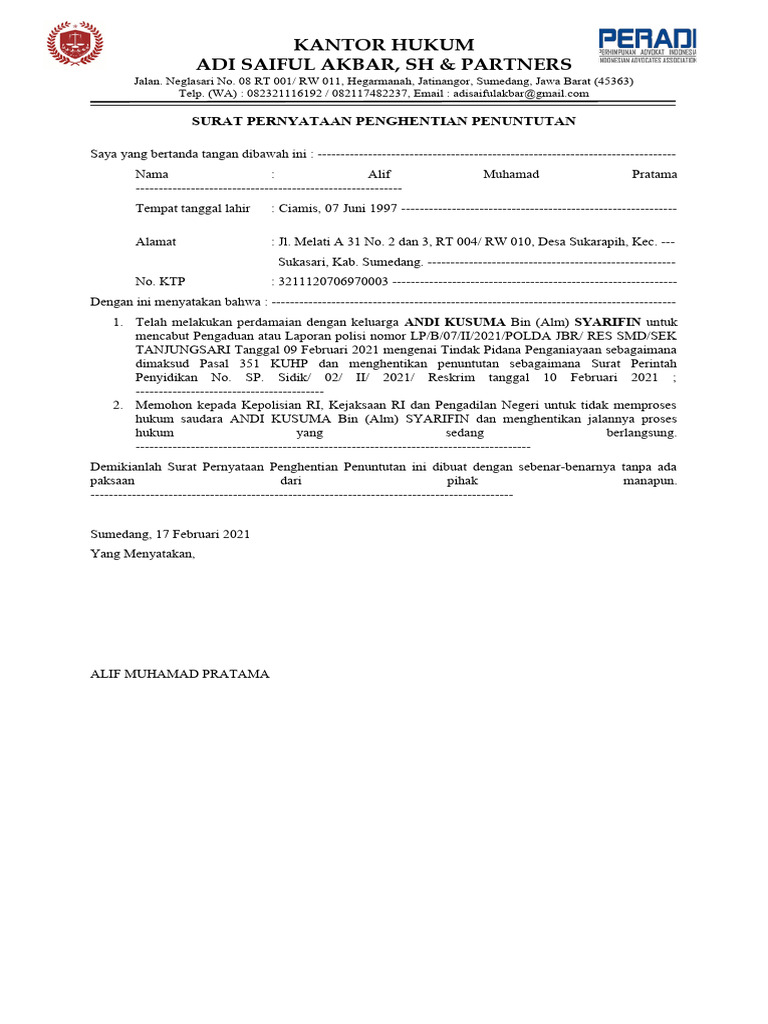 Surat Pernyataan Penghentian Penuntutan | PDF Surat Pernyataan Penghentian Penuntutan | PDF