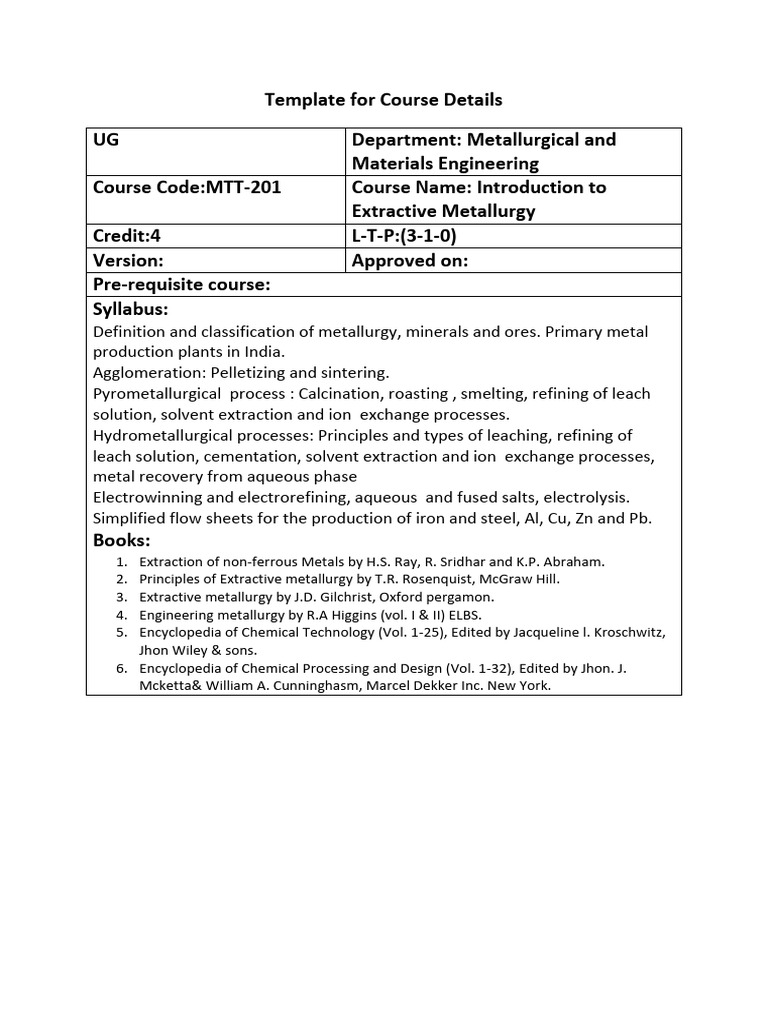 Metallurgical Engineering Course Templates | PDF