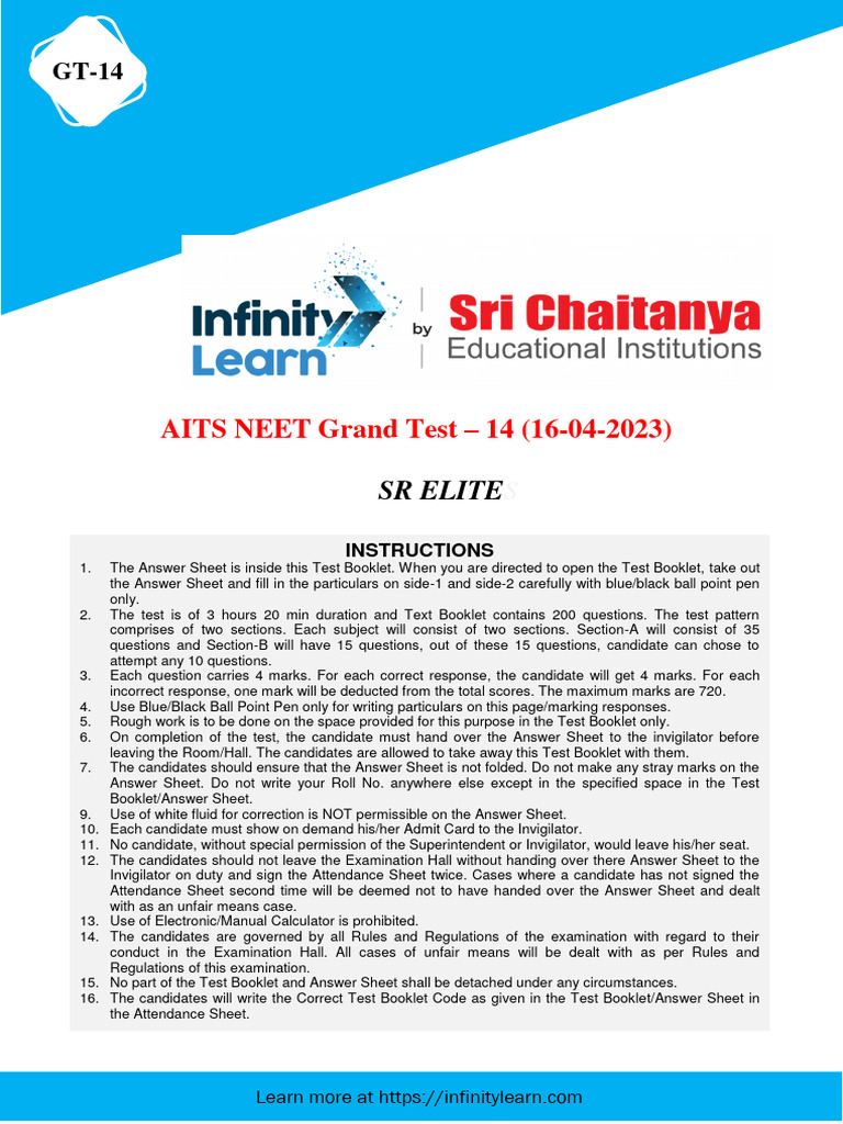 SR Elite Aits Grand Test - 14 Paper (16-04-2023) | PDF