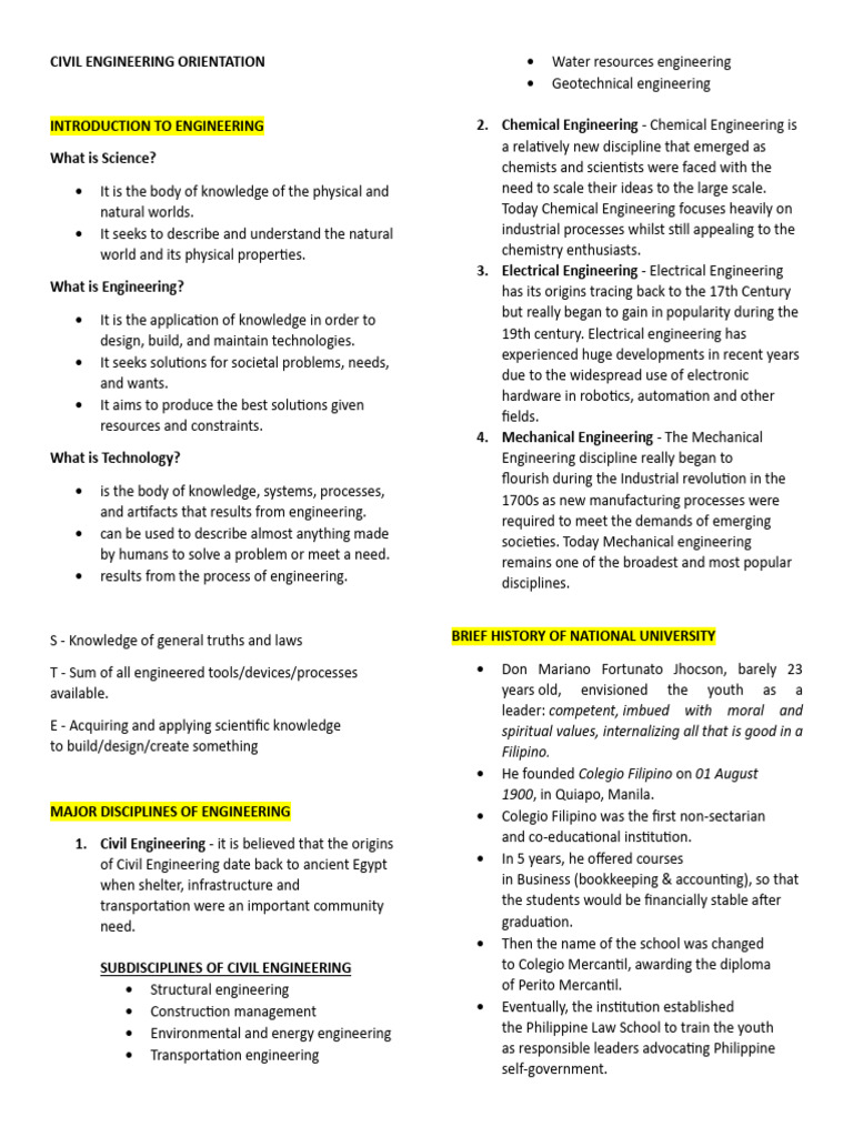 Civil Engineering Orientation Reviewer | PDF | Social Science