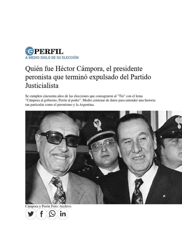 Héctor Cámpora: 50 Años de Su Elección | PDF | Argentina | América del Sur