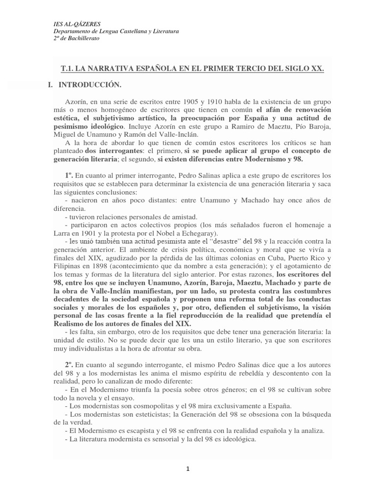 Narrativa Española: Generación del 98 | PDF