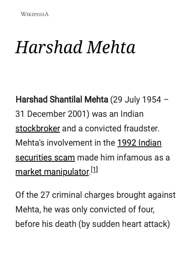 Harshad Mehta - Wikipedia | PDF