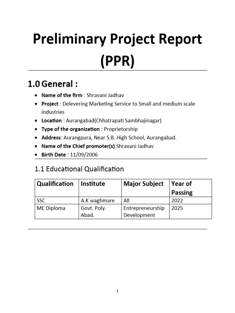 Preliminary Project Report (PPR) : 1.0 General | PDF