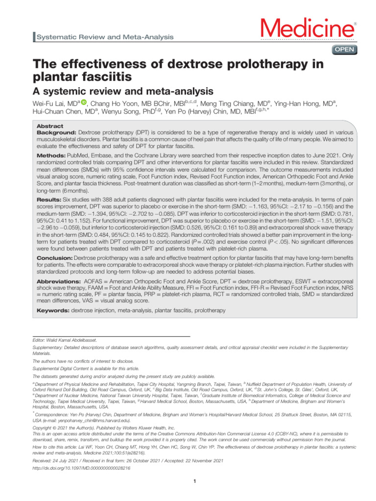 Medicine: The Effectiveness of Dextrose Prolotherapy in Plantar Fasciitis | PDF | Wellness ...