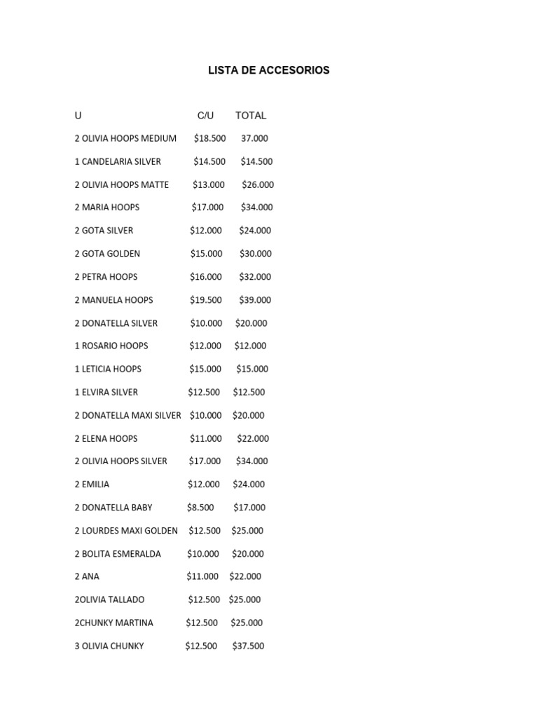 Lista de Accesorios | PDF