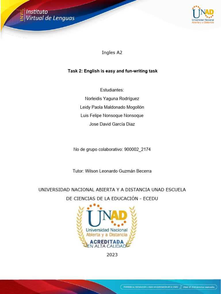 Anexo 1 - Task 2 - English Is Easy and Fun. Writing Task | PDF