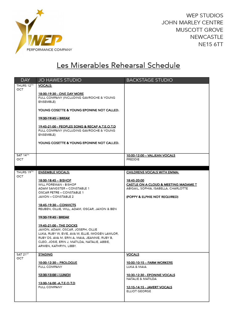 Les Mis Rehearsal Schedule (CAST) | PDF
