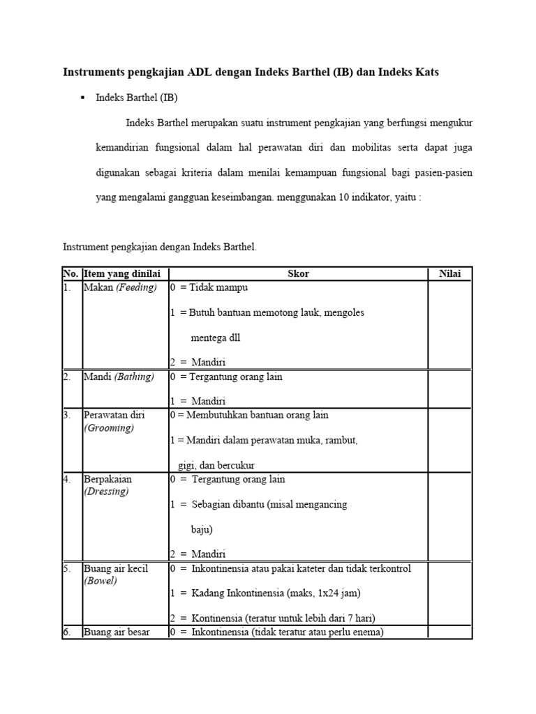 Pengkajian Indeks Barthel ADL | PDF