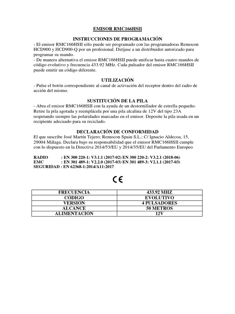RMC166HSII - Instrucciones y Decl. Conformidad 1 | PDF