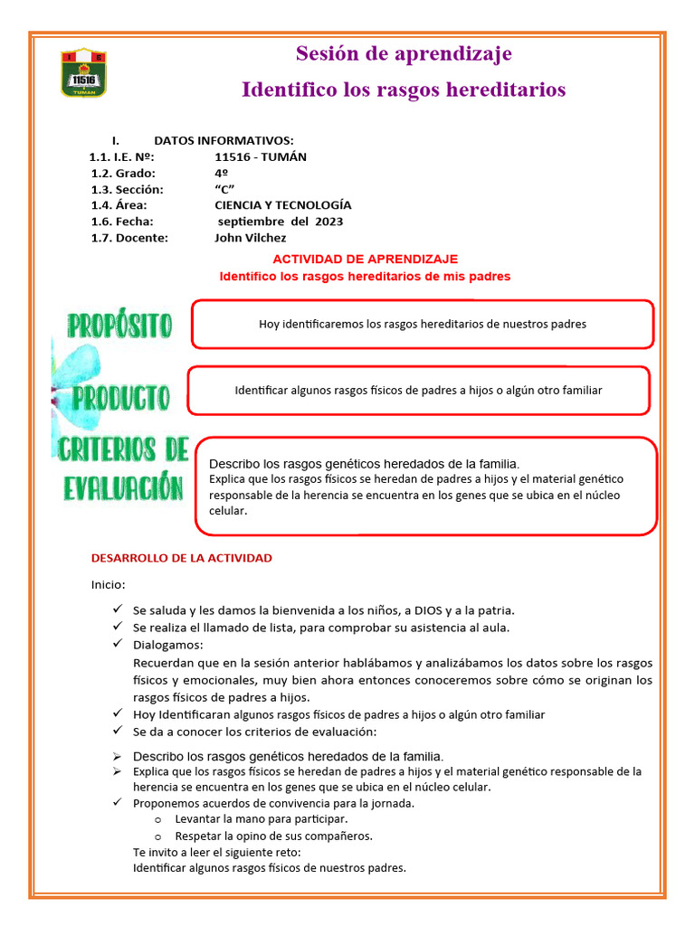 SESION DE APRENDIZAJE CT Identifico Rasgo Fisicos de Padres A Hijos | PDF