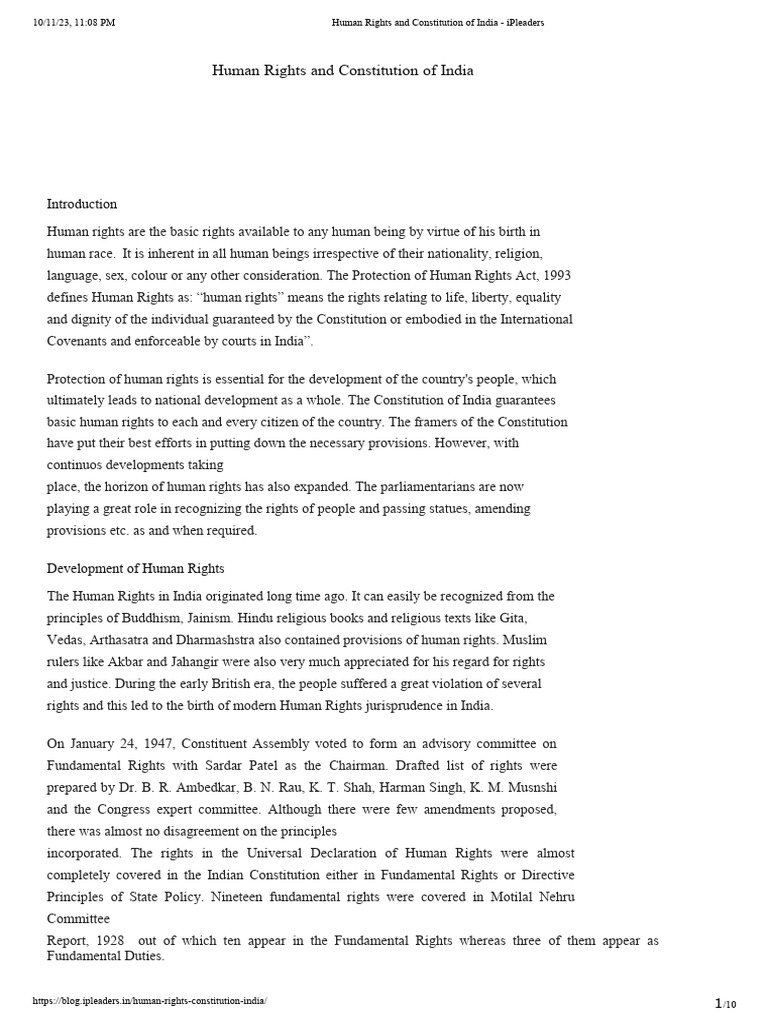 Human Rights and Constitution of India - IPleaders | PDF | Human Rights | Political Science