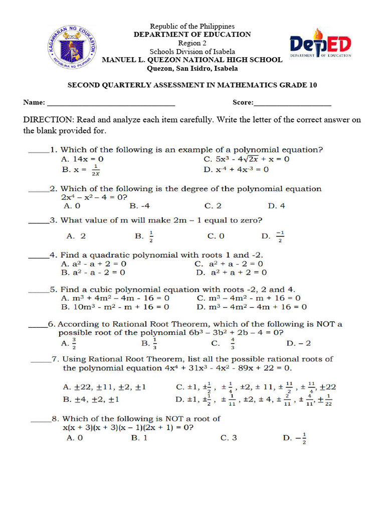 Math 10 Q2 | PDF | Polynomial | Algebra
