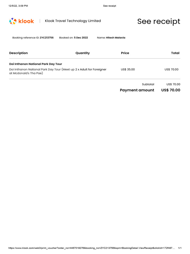 Klook Receipt | PDF