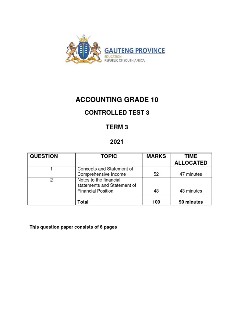 Accounting Grade 10 Controlled Test 3 - QP | PDF