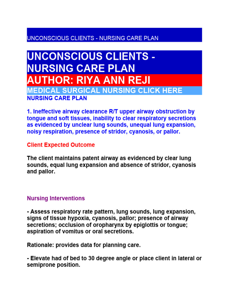 Nursing Care Plan For Unconscious Client - My Own ZMZK | PDF