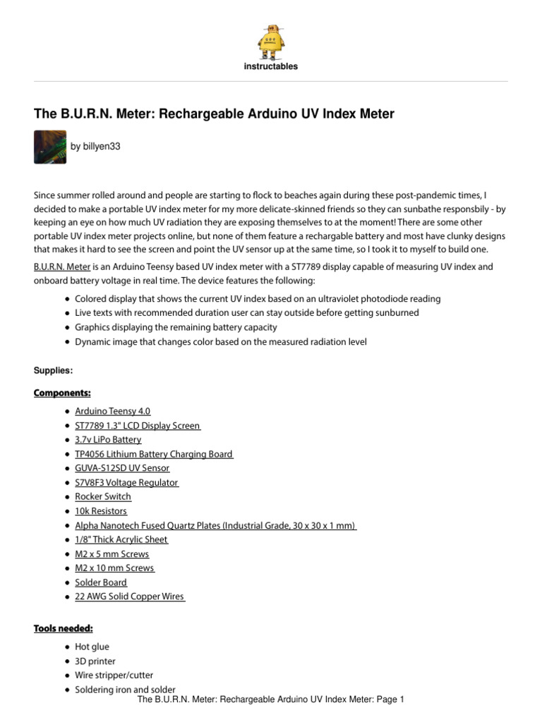 The Burn Meter Rechargeable Arduino Uv Index Meter Pdf Arduino