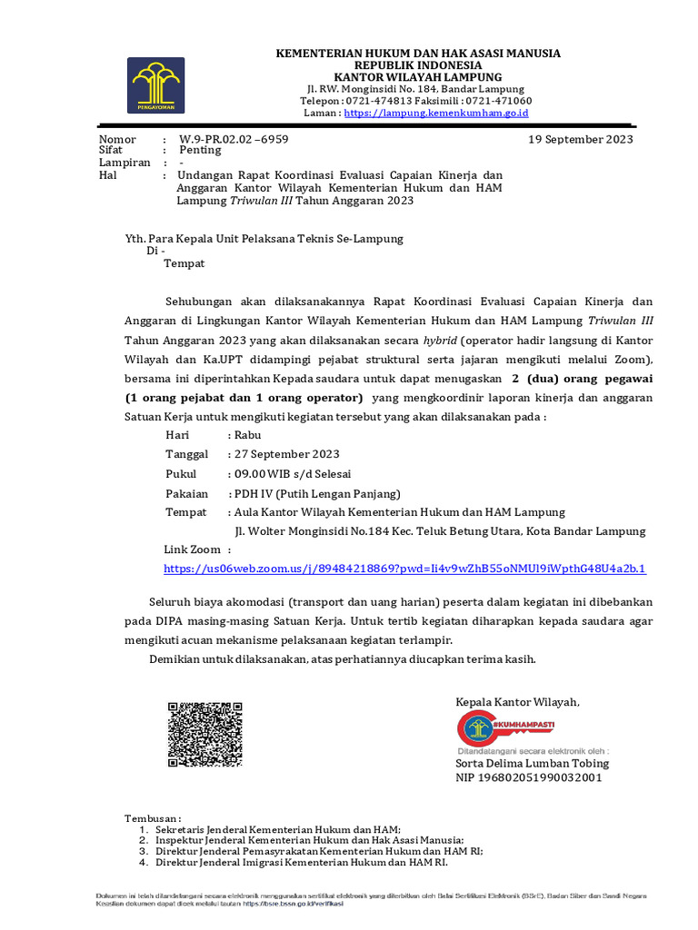 Undangan Rapat Koordinasi Evaluasi Capaian Kinerja Dan Anggaran Kantor Wilayah Kementerian Hukum ...