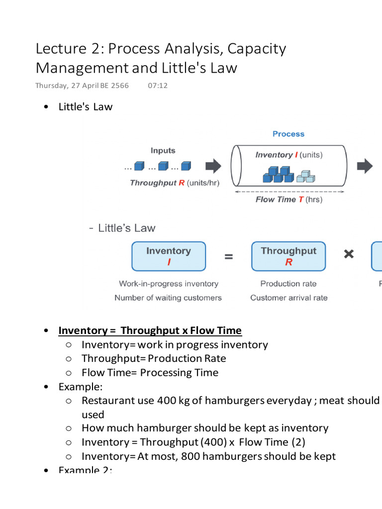 Lecture 2 Process Analysis, Capacity Management and Little's Law | PDF