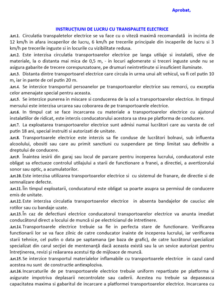 Instructiuni de Lucru Transpalete Electrice | PDF