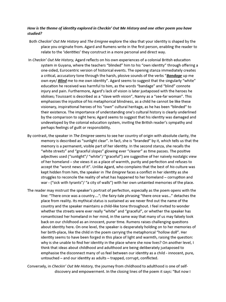 Identity in Checkin Out Me History and The Emigree Sample Essay | PDF ...