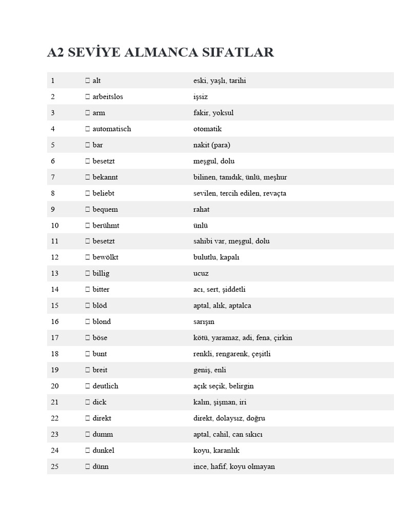 A2 SEVİYE ALMANCA SIFATLAR FİİLLER | PDF