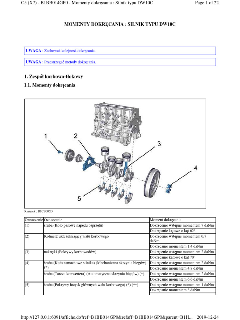 Momenty Dokręcania Silnik Typu DW10C | PDF