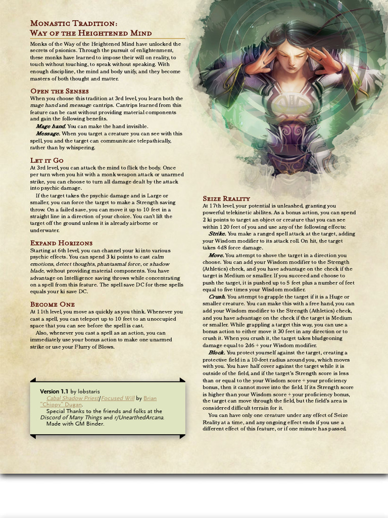 Monastic Tradition - Way of The Heightened Mind - GM Binder | PDF