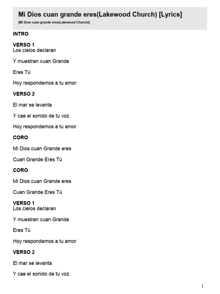 Mi Dios Cuan Grande Eres (Lakewood Church) - Lyrics | PDF
