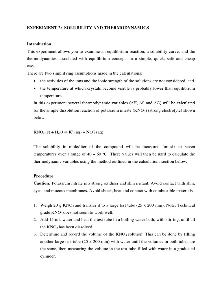 Thermodynamics of KNO3 Solubility | PDF