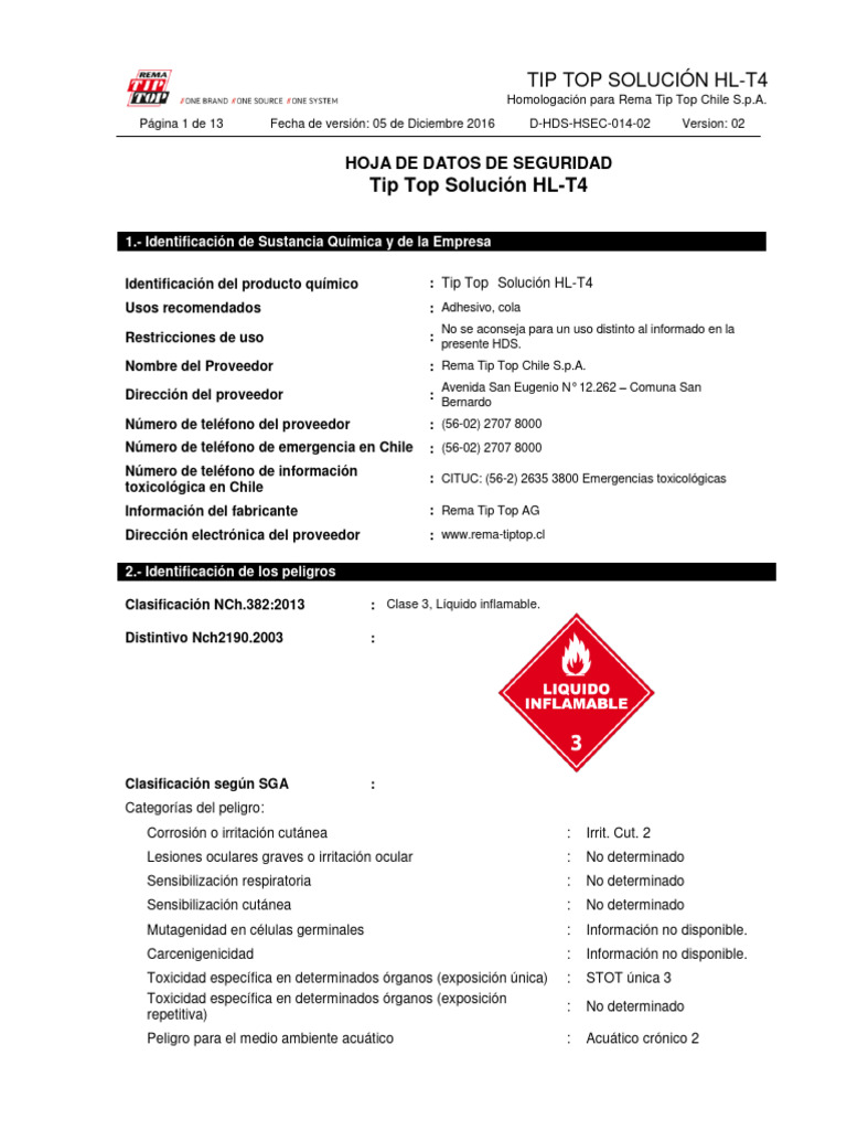 Hoja Seguridad Tip Top HL-T4 Chile | PDF