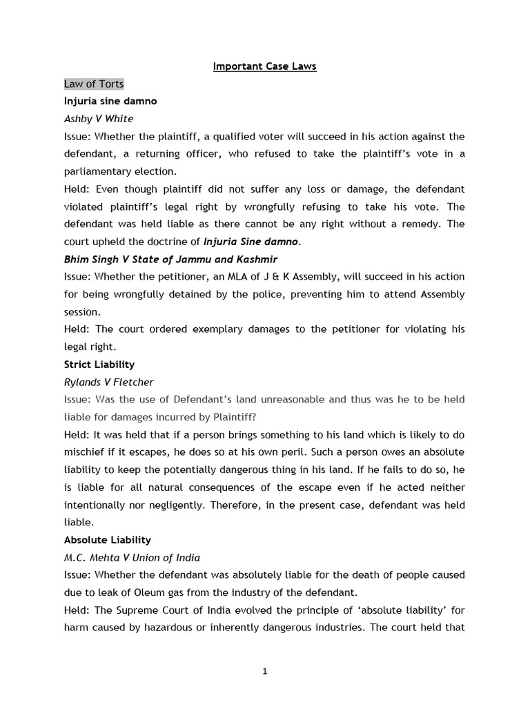Important Case Laws | PDF | Negligence | Sexual Harassment
