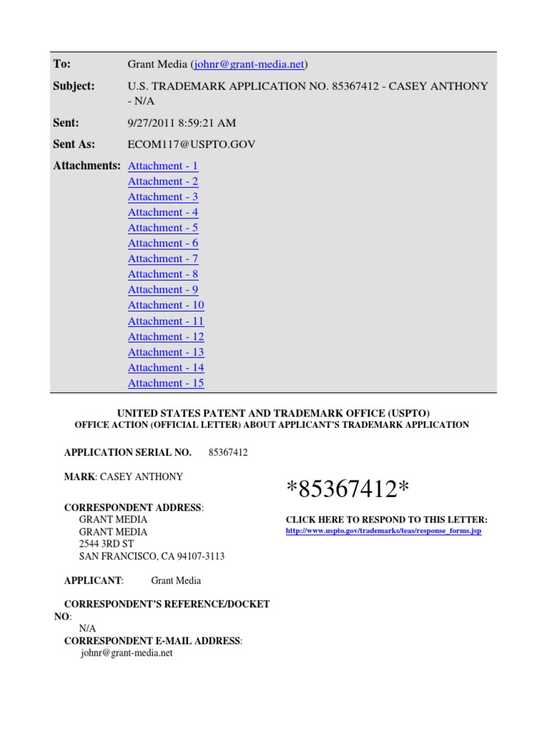 USPTO Rejection of Casey Anthony Trademark Application | PDF | United ...