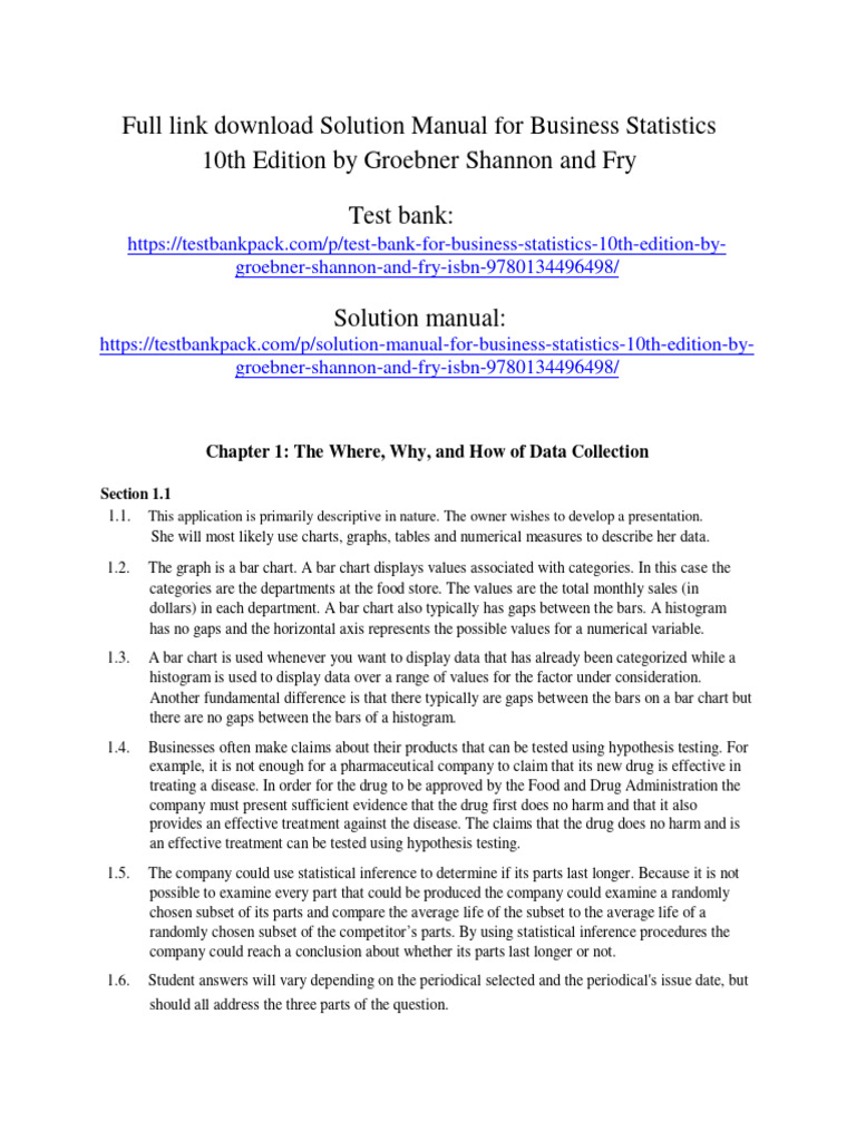 Solution Manual For Business Statistics 10th Edition by Groebner ...