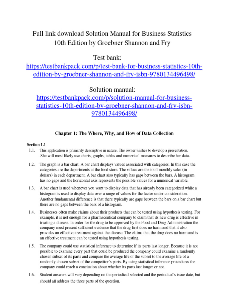 Solution Manual For Business Statistics 10th Edition by Groebner Shannon and Fry ISBN ...