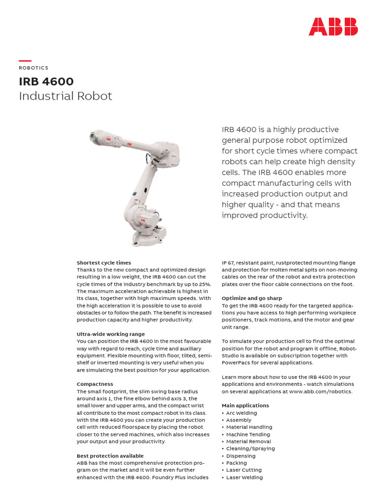 IRB4600 ROB0109EN J datasheet-Rev.K | PDF | Robot | Robotics