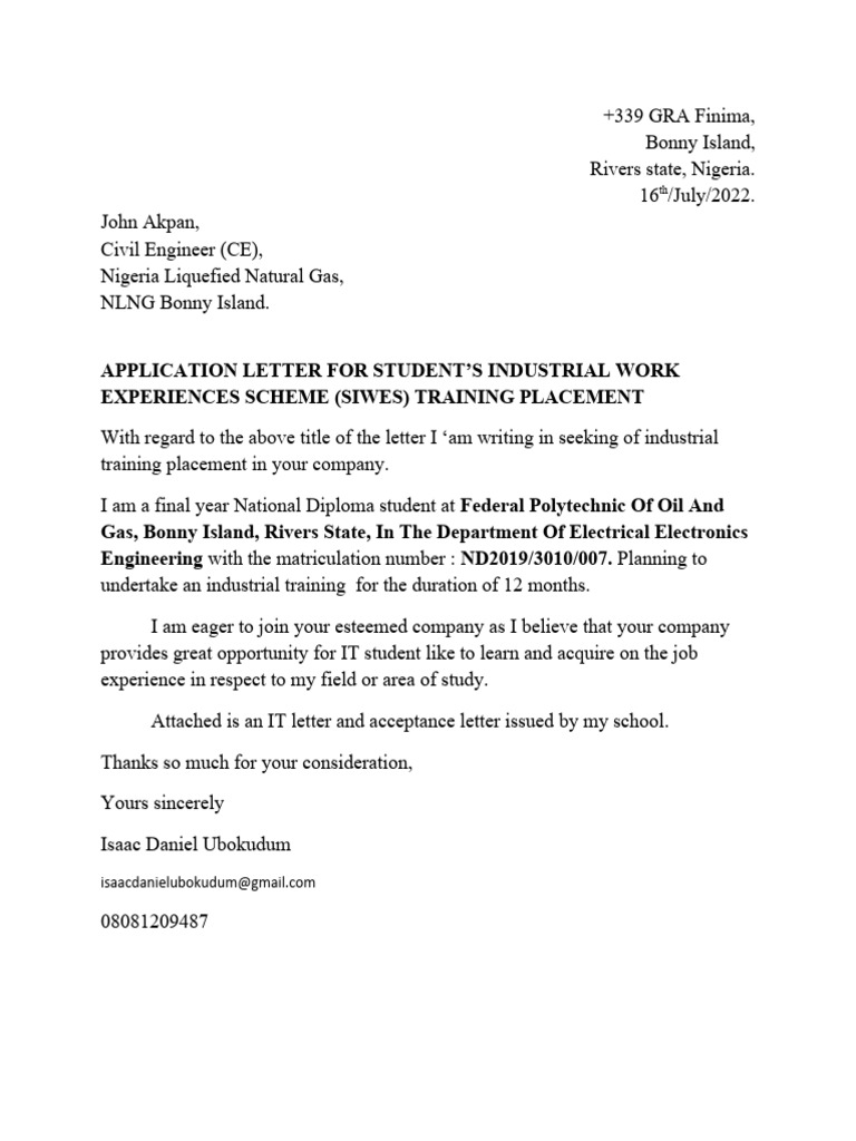 Application Letter For Student'S Industrial Work Experiences Scheme ...