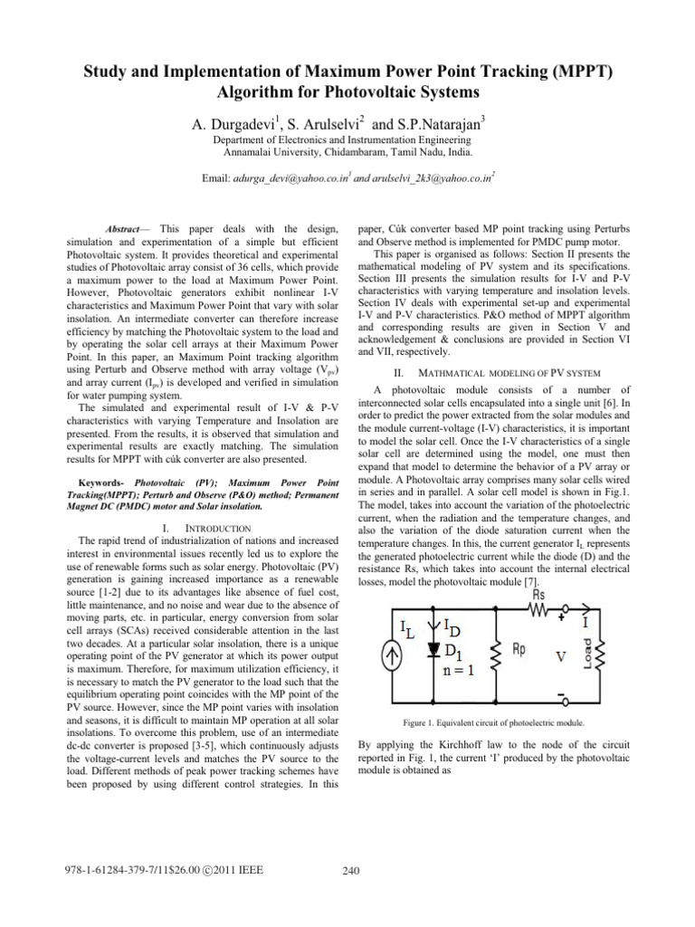 Study and Implementation of Maximum Power Point Tracking (MPPT) Algorithm For Photovoltaic ...