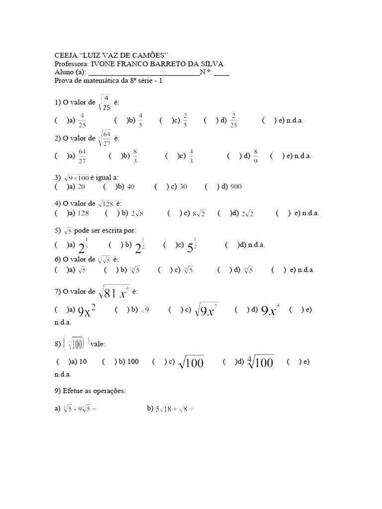 Provas Da 8 Série - 1º Bimestre | PDF