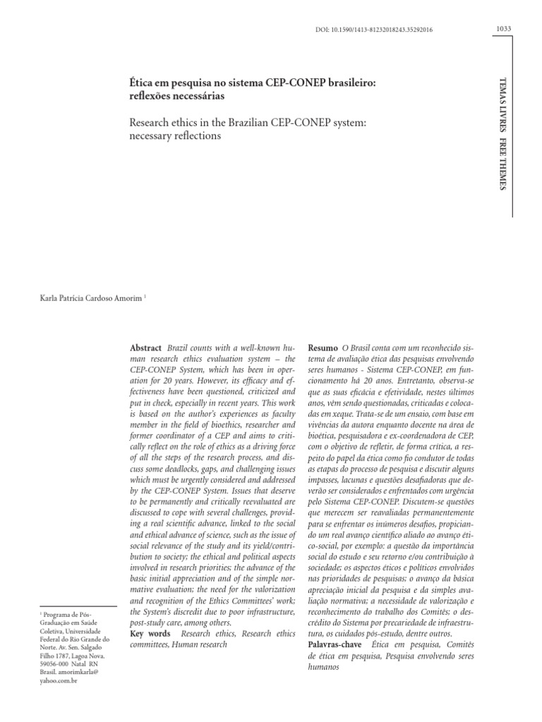 2019 Ética em Pesquisa No Sistema CEP-CONEP Brasileiro - Reflexões Necessárias | PDF