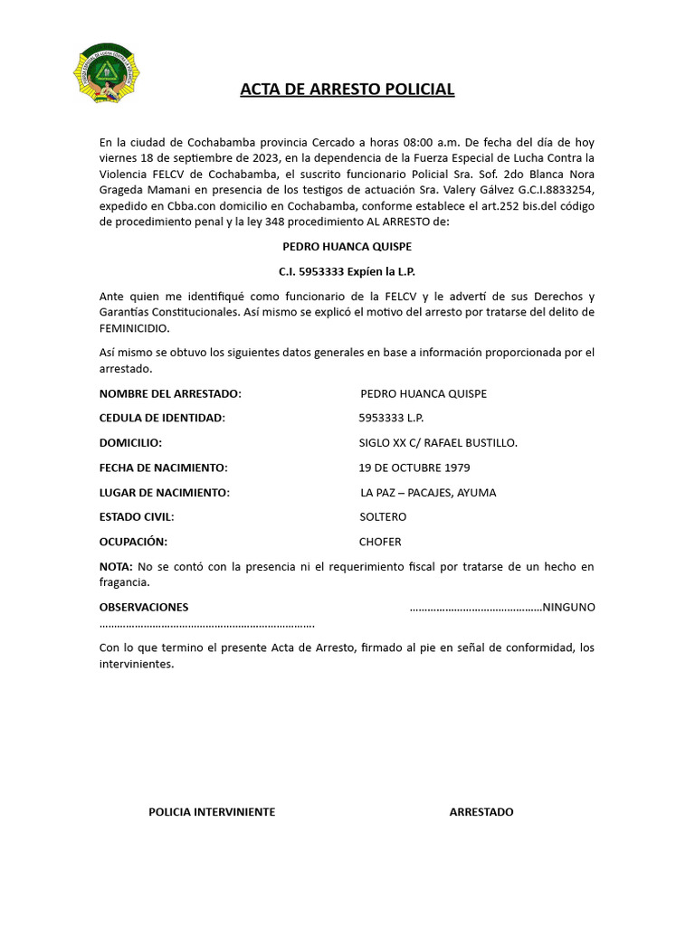 Acta de Arresto Policial | PDF