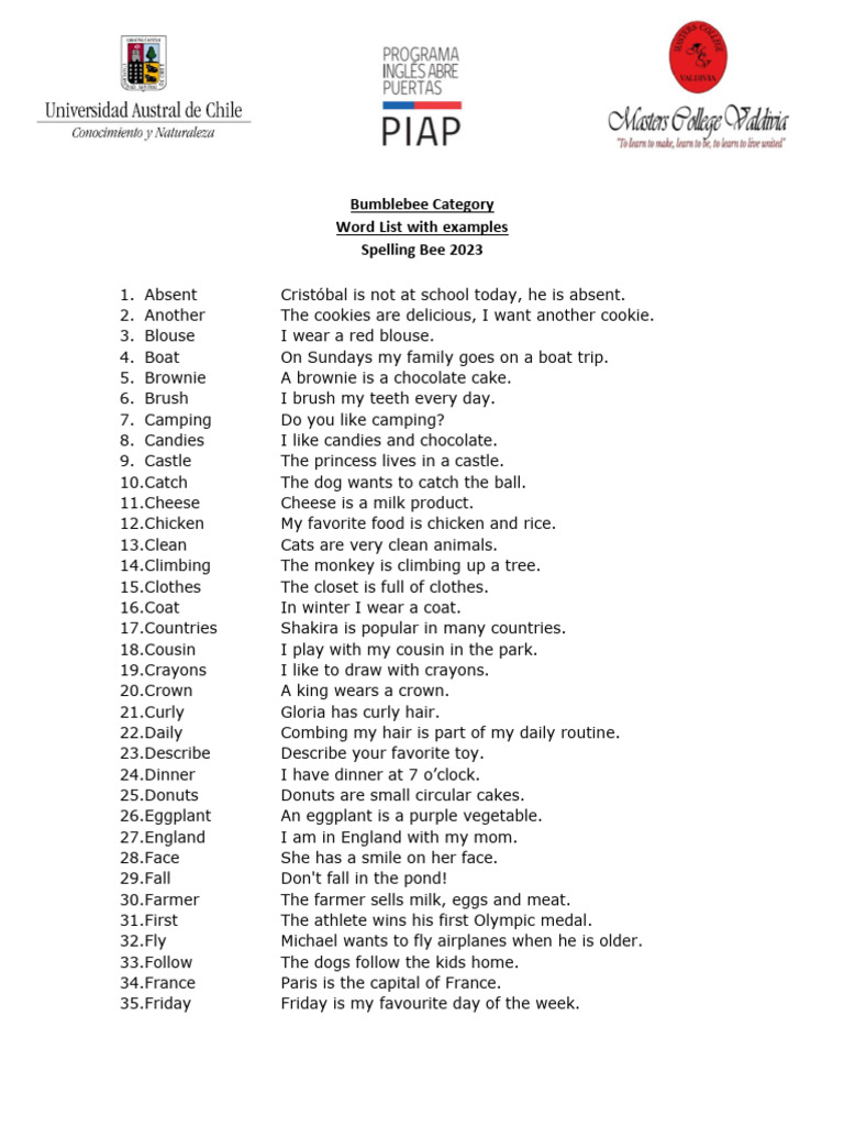 Bumblebee Words With Examples - Spelling Bee 2023 | PDF