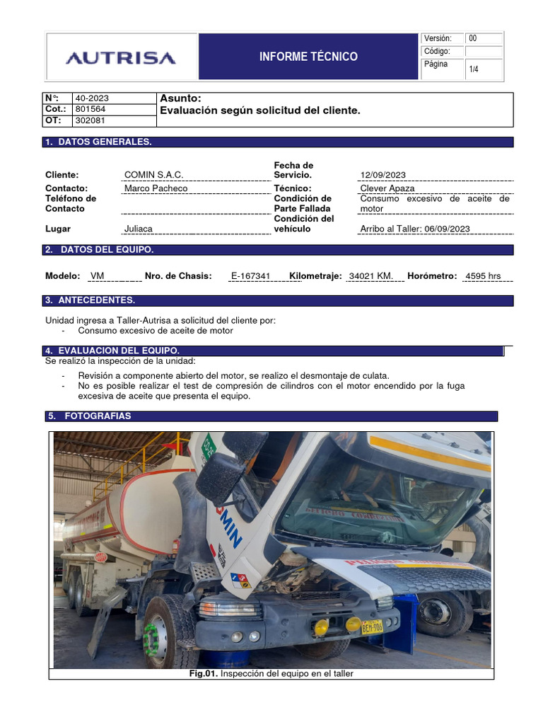 Informe Rep Motor BEM-906 | PDF | Partes de vehículo | Motores